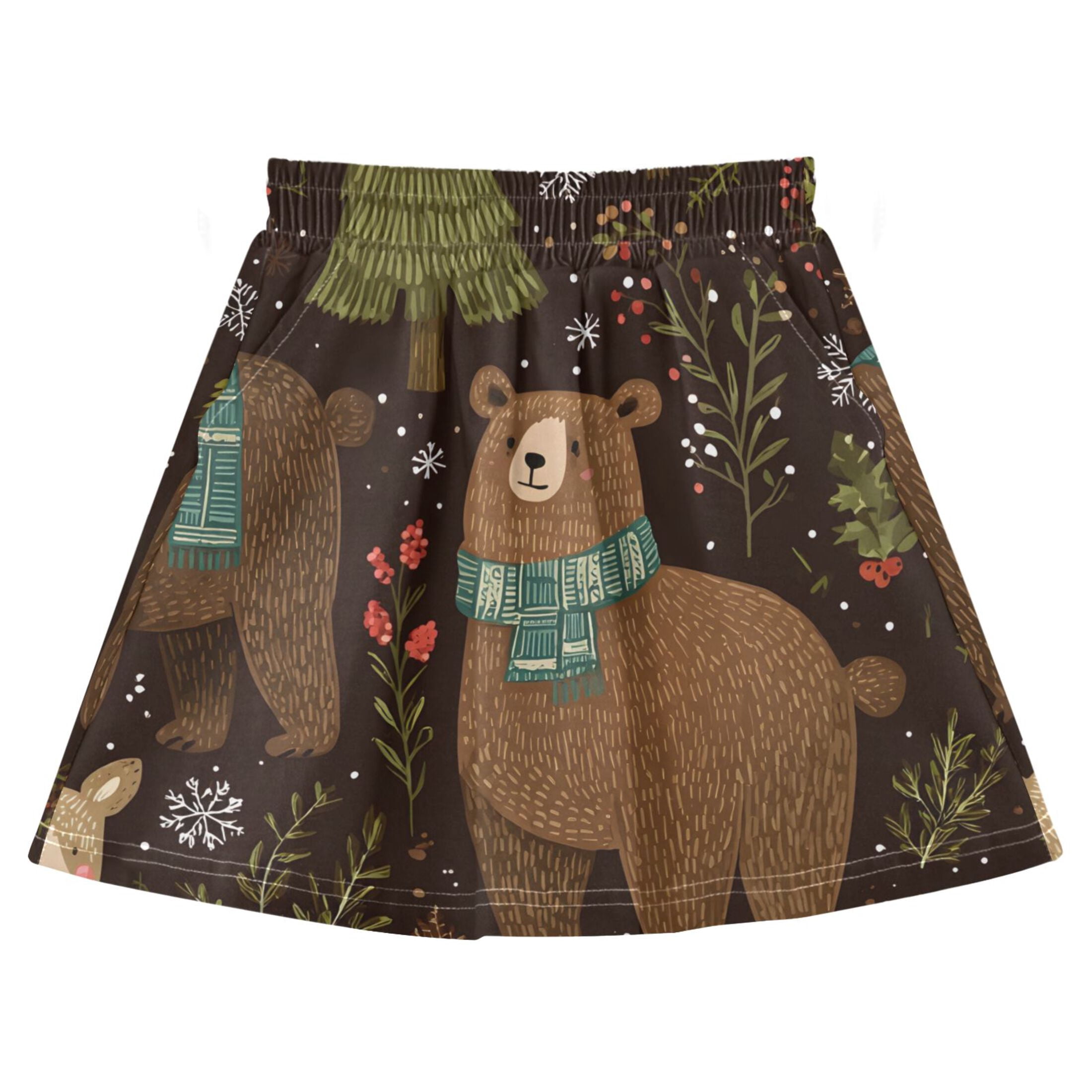 Bear Deer Tree Cotton Skirt Built-in Liner Elastic A-Line Flared Skirt ...