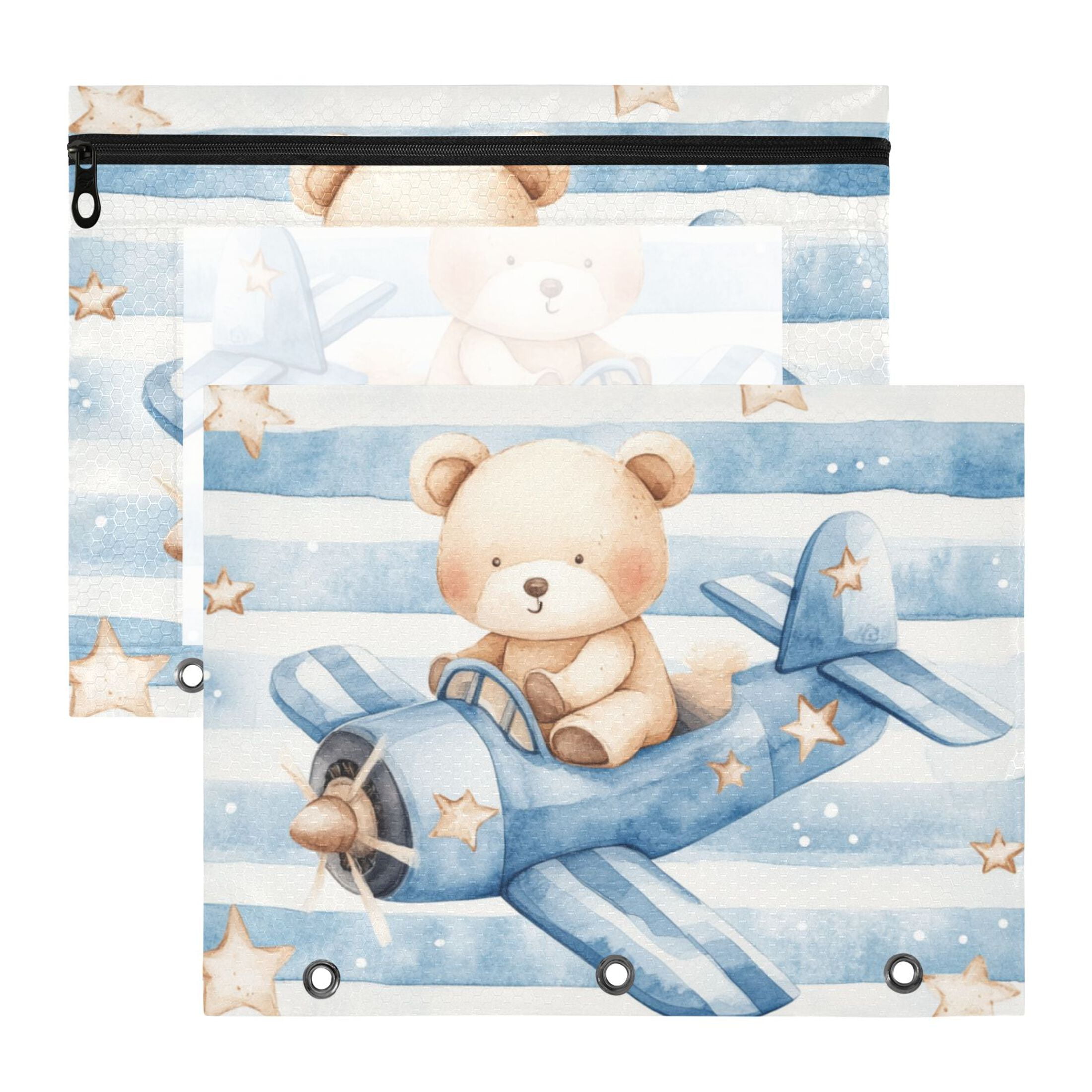 Bear Drives Planes Stars 3-Ring Binder Pouches A4 Size Zipper Pocket ...