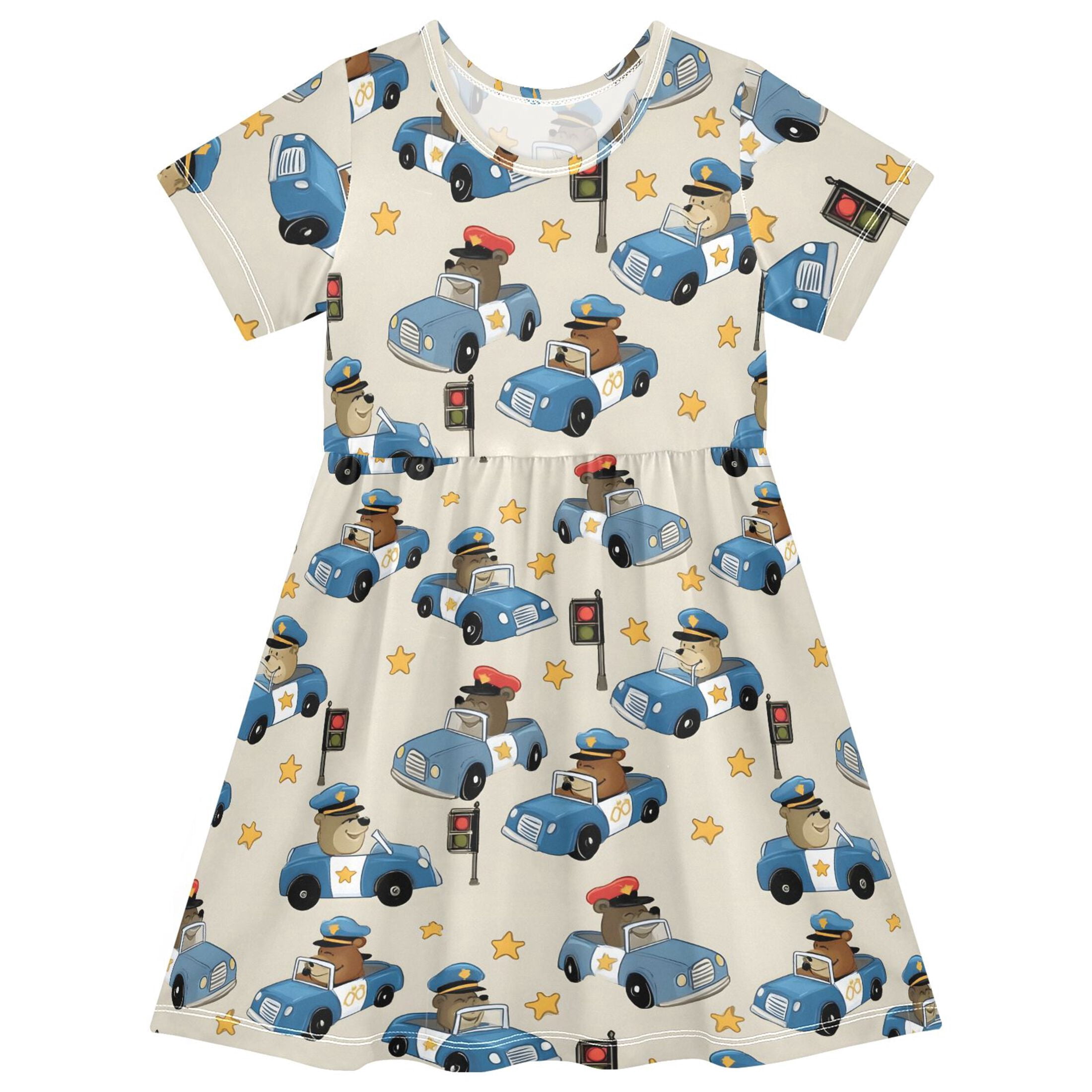 Bear Driving Police Car Short Sleeve Dress A-Line Cute Midi Casual ...