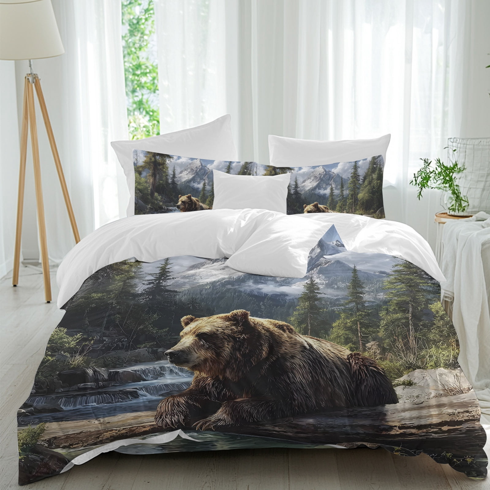 Bear Duvet Cover Set Full Size, Animal Snow Mountain Nature Pine Forest ...