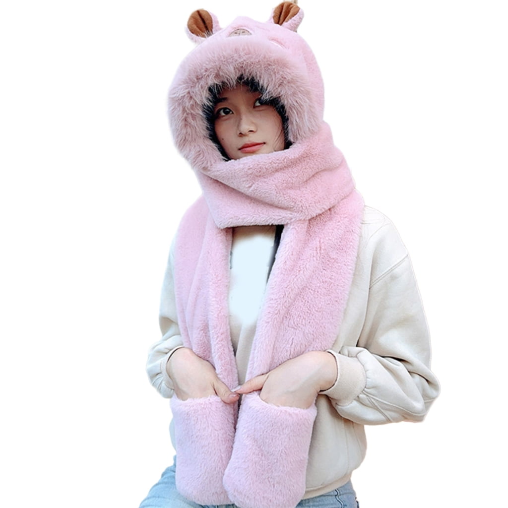 Bear Ear Plush Scarf Gloves Hat for Cold Weather Earflap Hat for ...