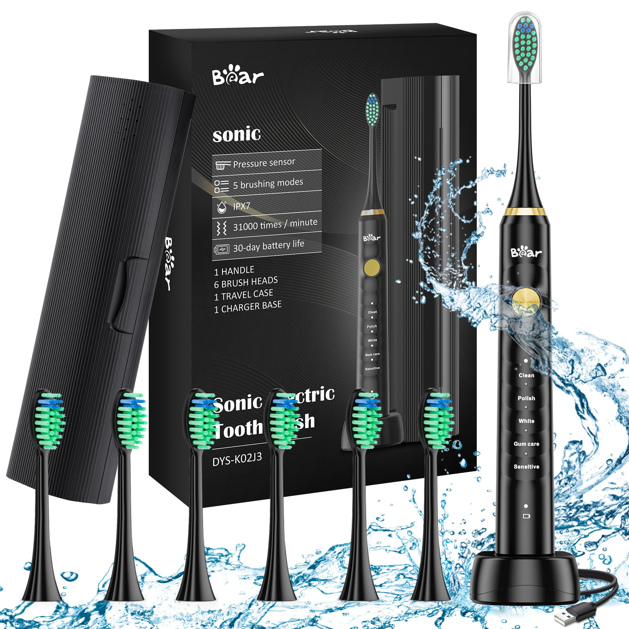 Bear Electric Toothbrush, Sonic STF9 Toothbrush with 6 Brush Heads ...
