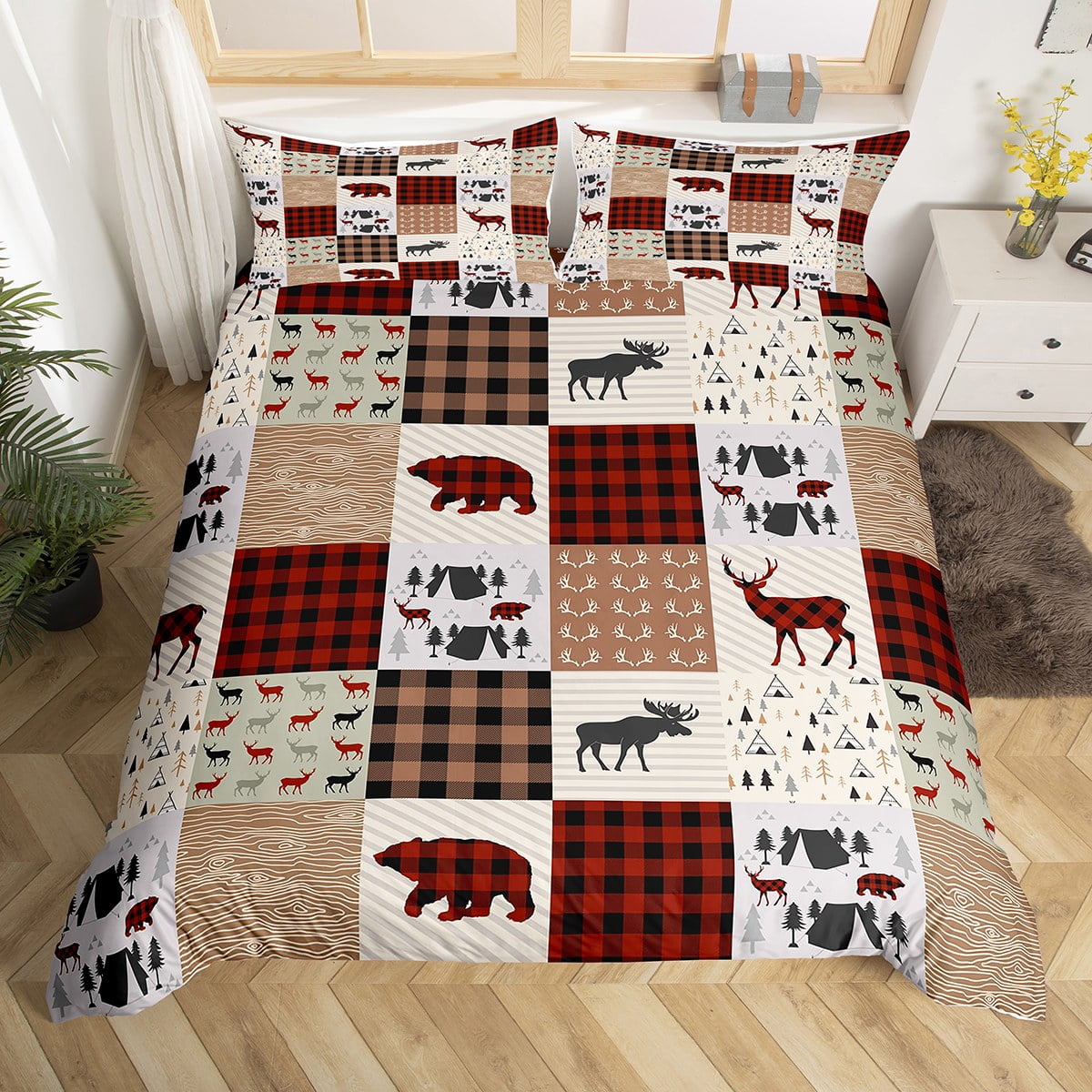 Bear Elk Bedding Set Reindeer Comforter Cover Red Geometry Buffalo ...