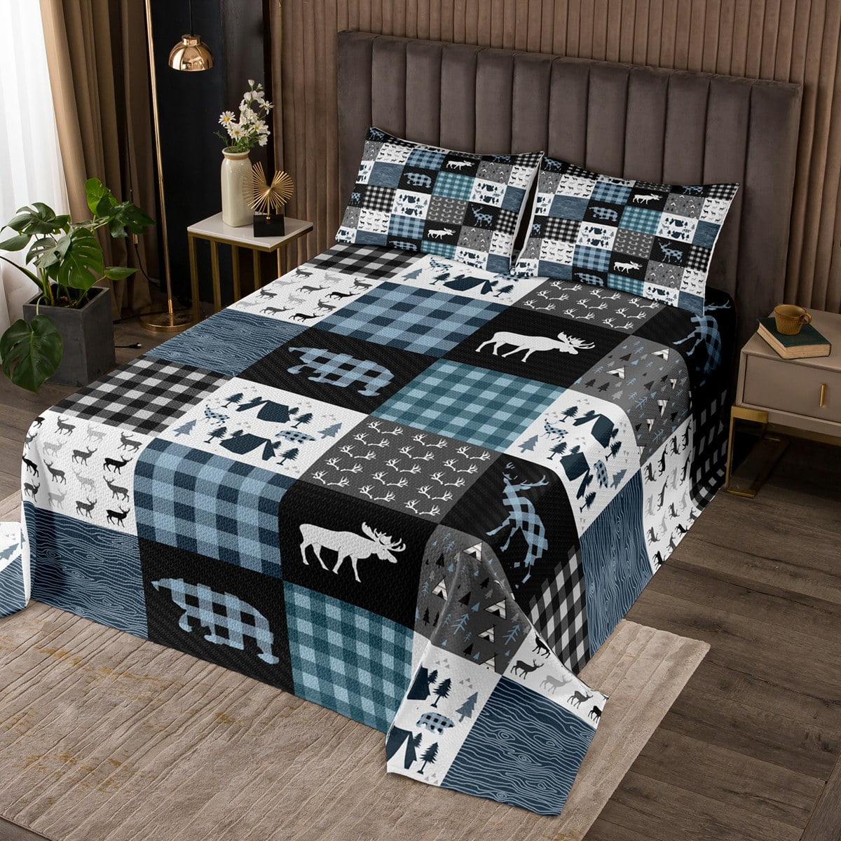 Bear Elk Bedspread Set Reindeer Coverlet Set Teal Blue Buffalo ...