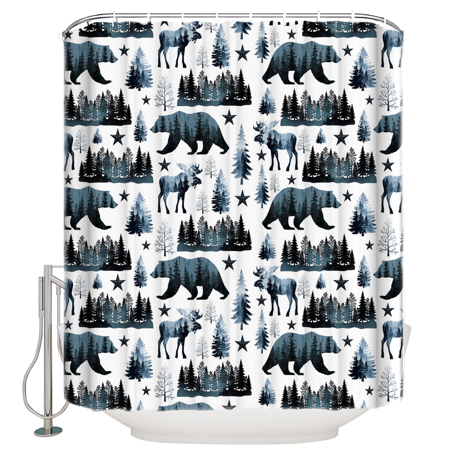 Bear Elk Cabin Bathroom Shower Curtains with 12 Hooks Polyester ...