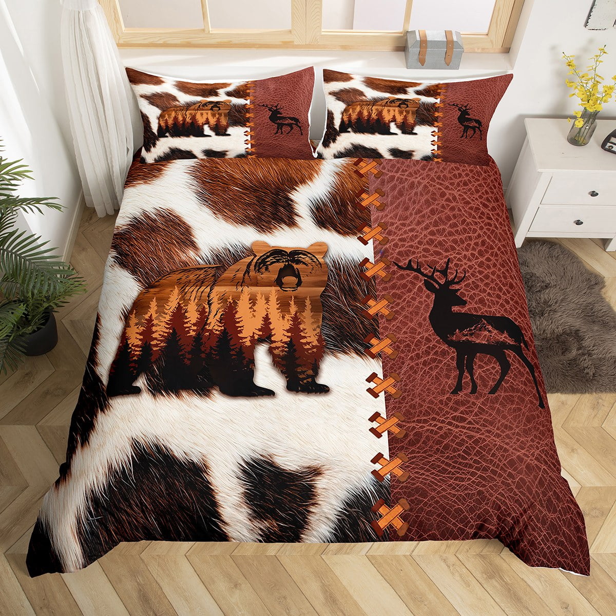 Bear Elk Deer Bedding Set King,Cow Print Duvet Cover Patchwork Cowhide ...