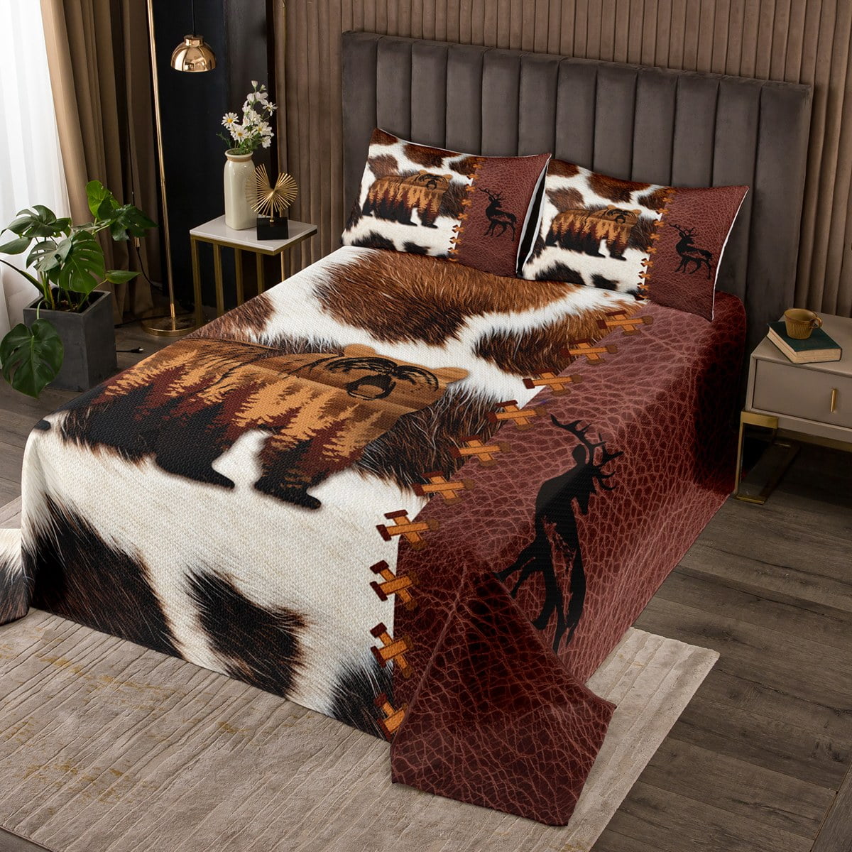 Bear Elk Deer Bedspread Set King,Cow Print Quilt Set Patchwork Cowhide ...