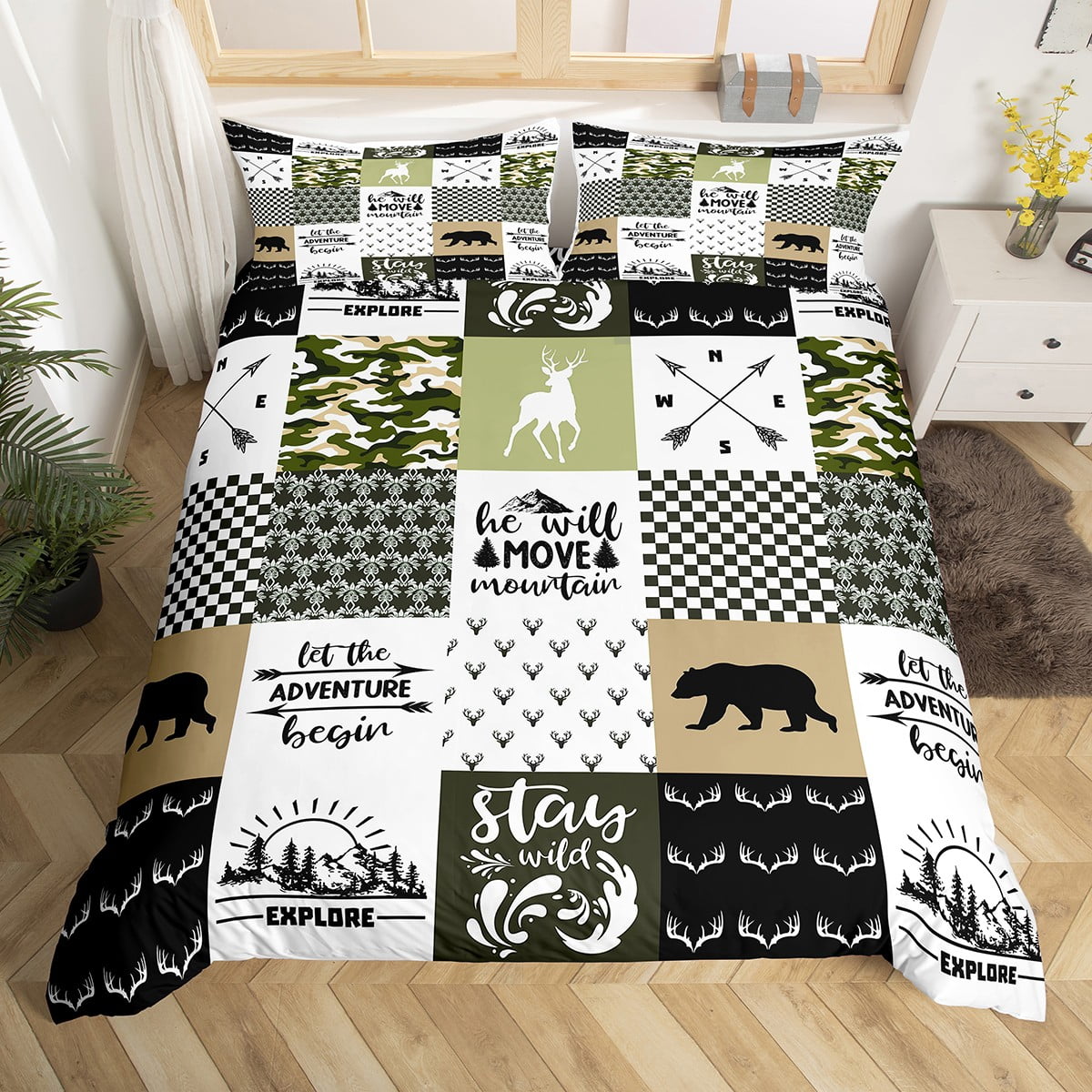 Bear Elk Duvet Cover Queen,Green Camouflage Bedding Set Exotic Arrow Woodland Wildlife Deer ...