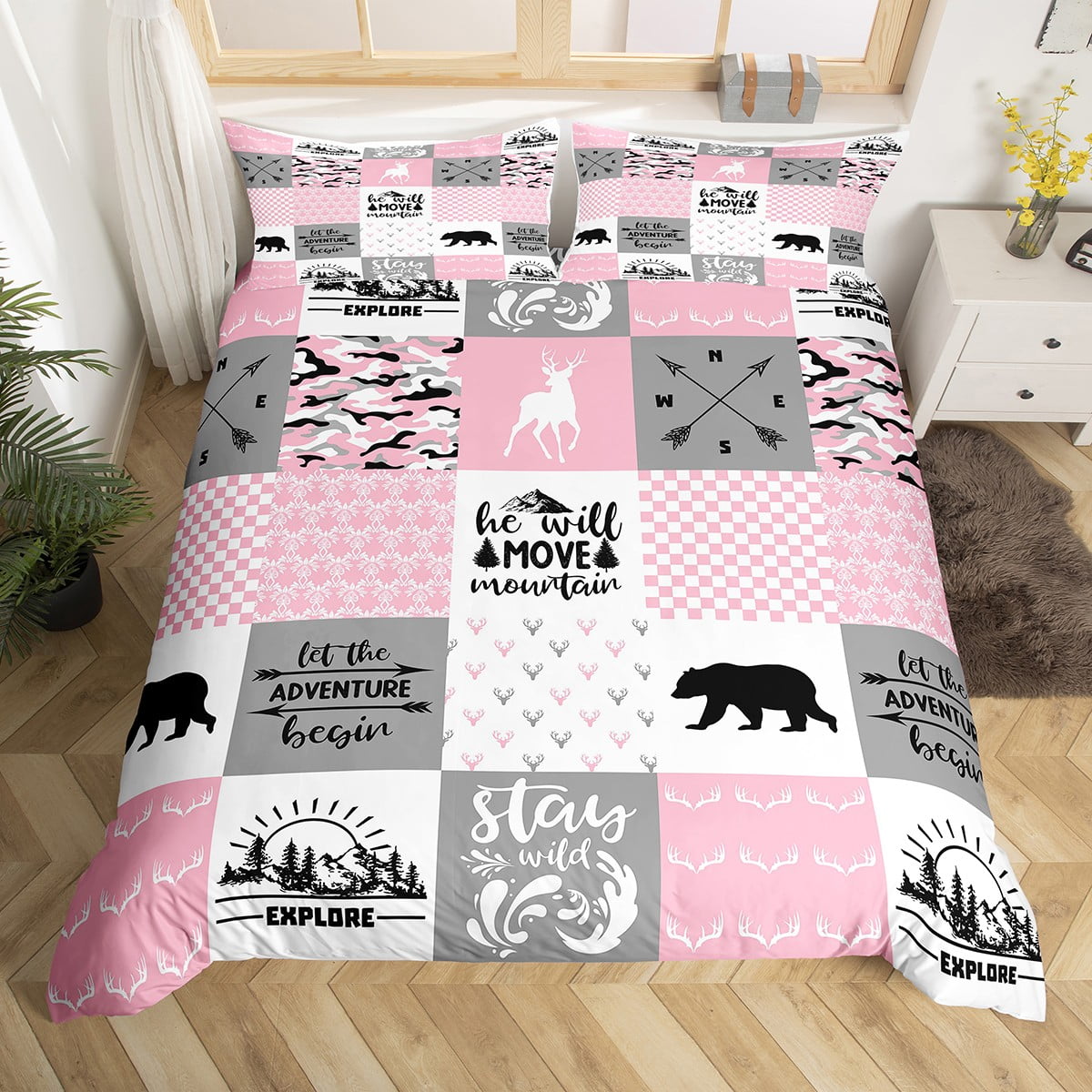 Bear Elk Duvet Cover Queen,Pink Camouflage Bedding Set Exotic Arrow ...