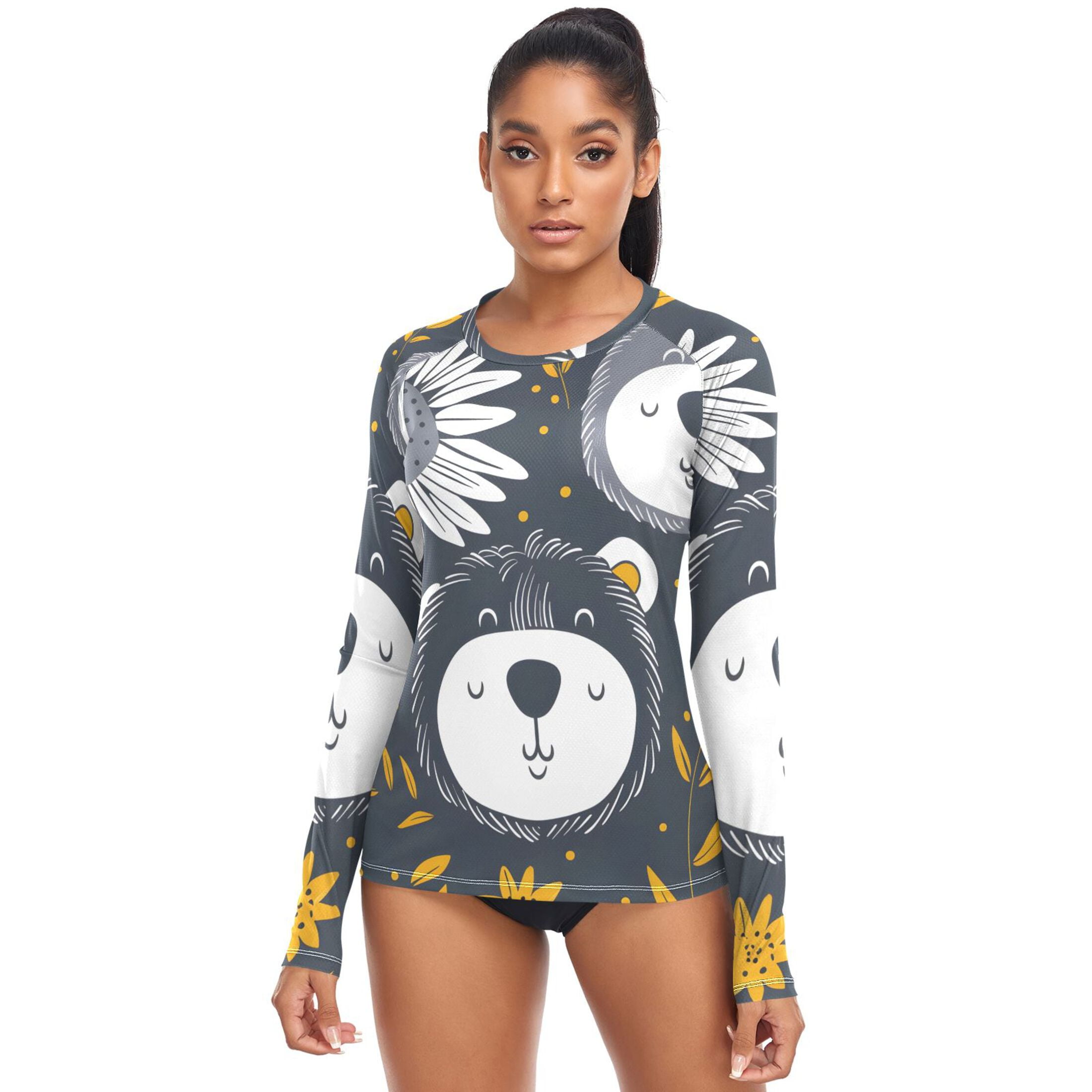 Bear Faces Sunflowers Leaves Hand Drawn Women's Rash Guard Shirts UPF ...