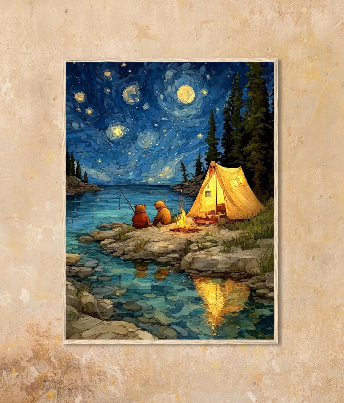Bear Family Camping Fishing Print, Woodland Nursery Wall Art, Unframed ...