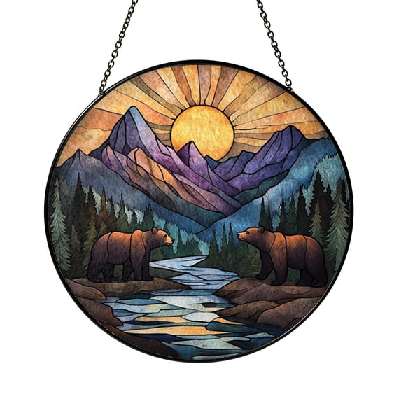 Bear Family Mountain River Stained Glass Suncatcher, Round Window ...