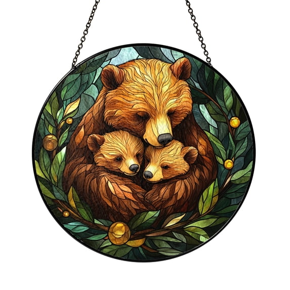 Bear Family Stained Glass Suncatcher, Mother and Cubs Forest Scene ...