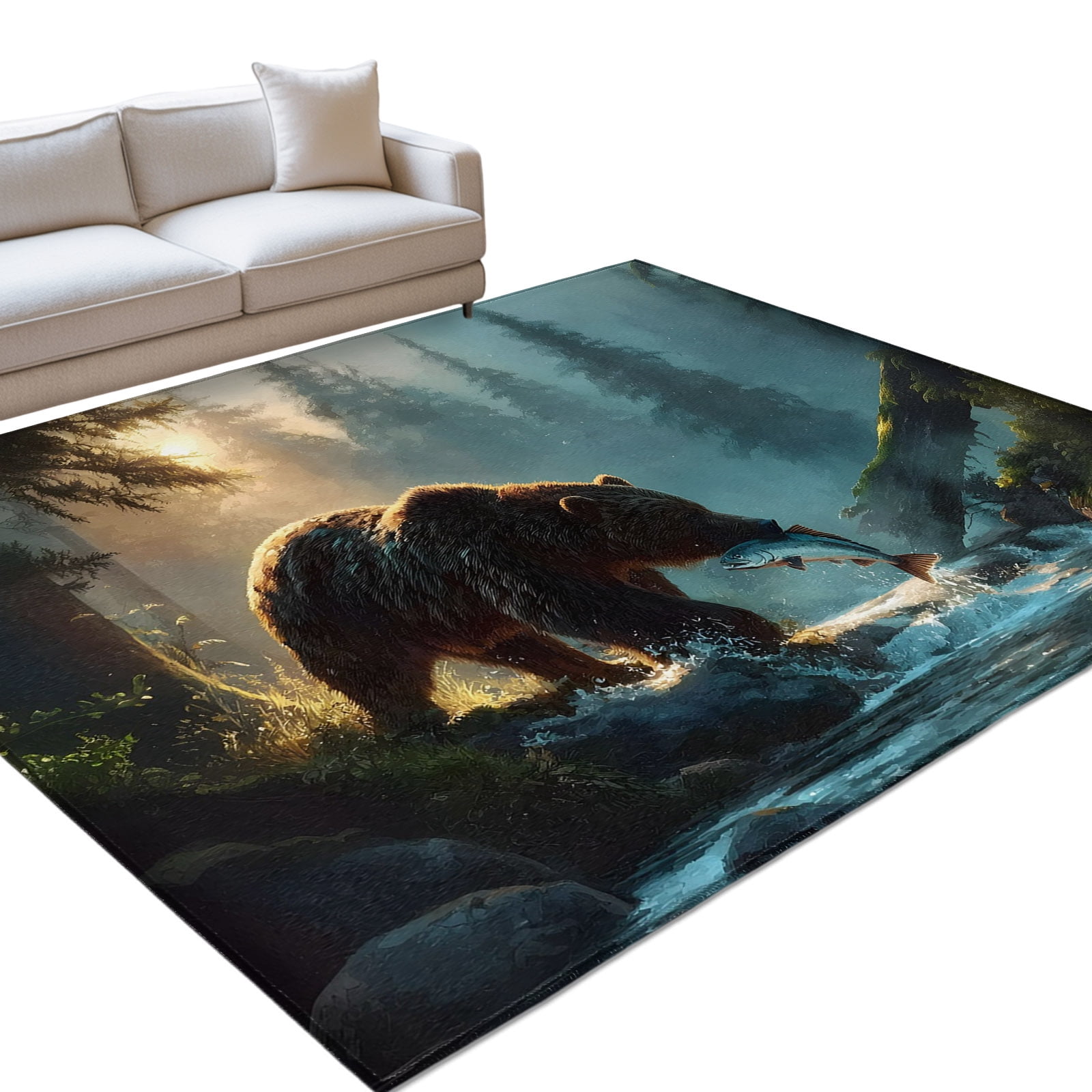 Bear Fishing Area Rugs 3x5ft Forest Stream Animals Floor Rug Non Slip ...