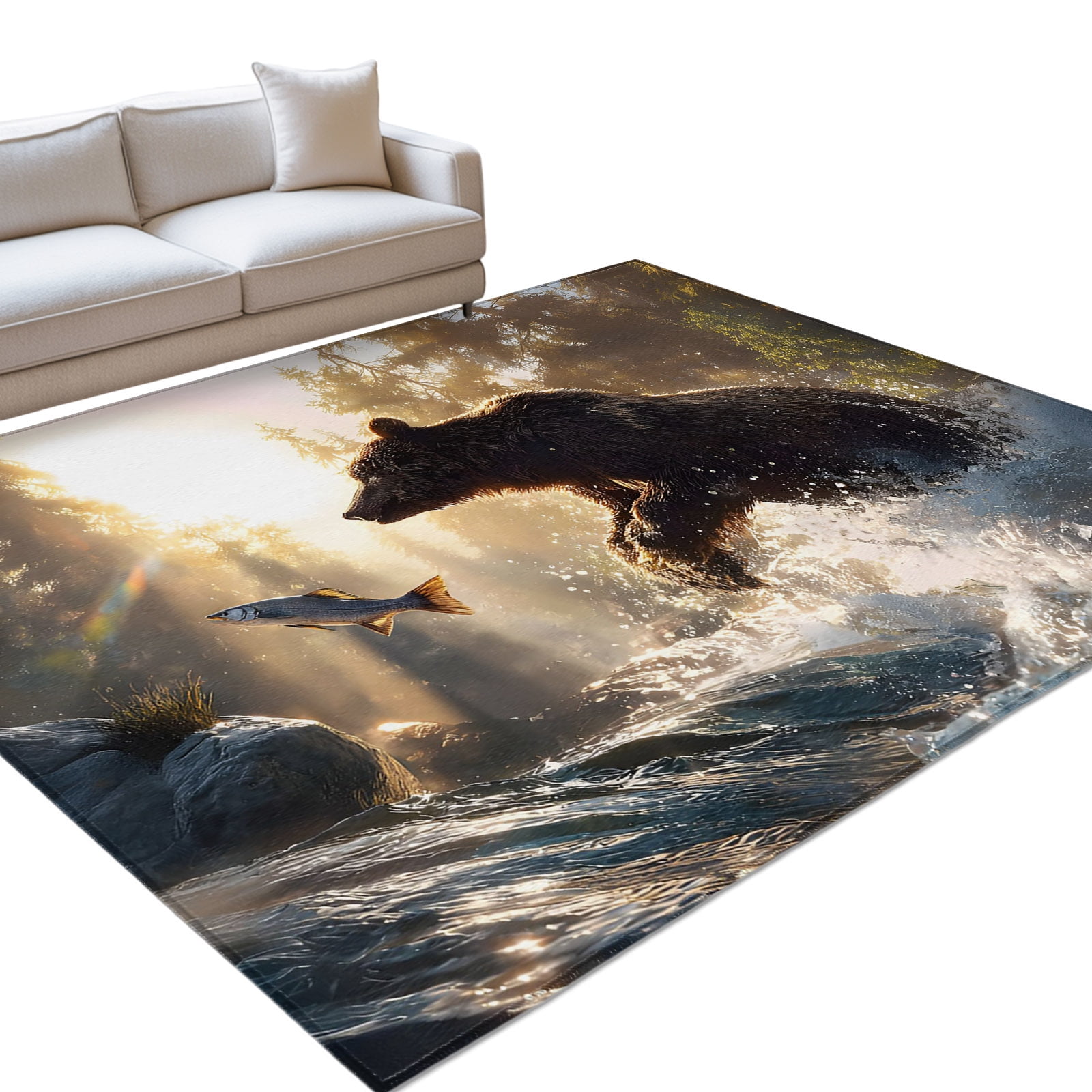 Bear Fishing Area Rugs 3x5ft Forest Stream Animals Sunset Floor Rug Non ...