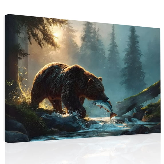 Bear Fishing Canvas Print Wall Art, Forest Stream Animals Wall Decor ...
