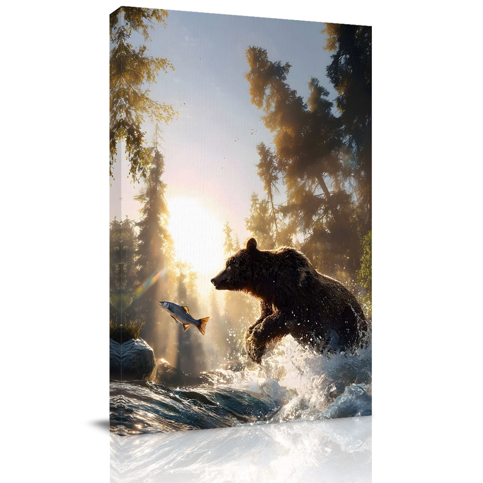 Bear Fishing Canvas Wall Art for Living Room, Forest Stream Animals ...