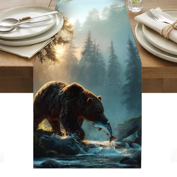 Bear Fishing Cotton Linen Table Runner Forest Stream Animals Dining ...