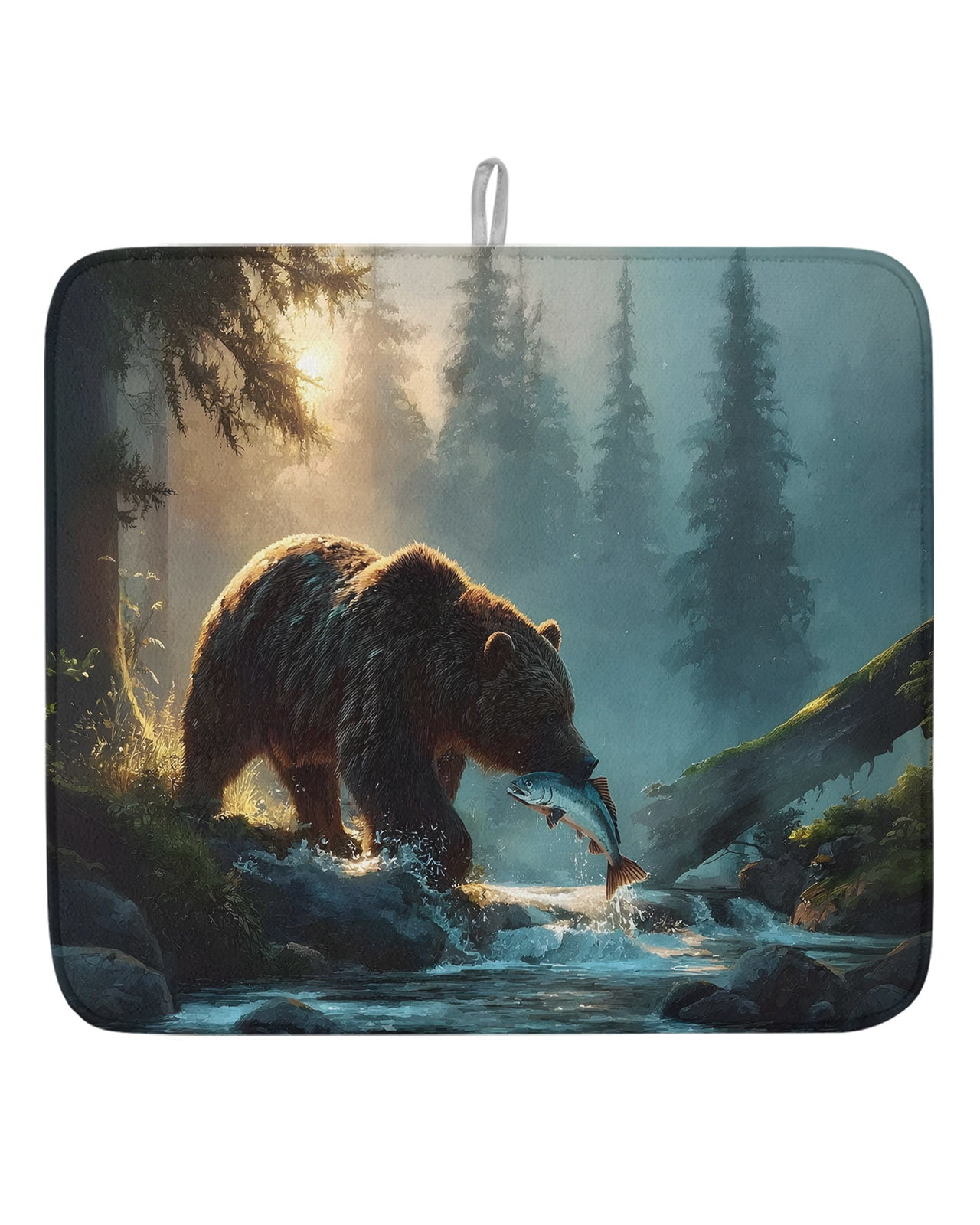 Bear Fishing Dish Drying Mat 16x18 inch Forest Stream Animals Super ...