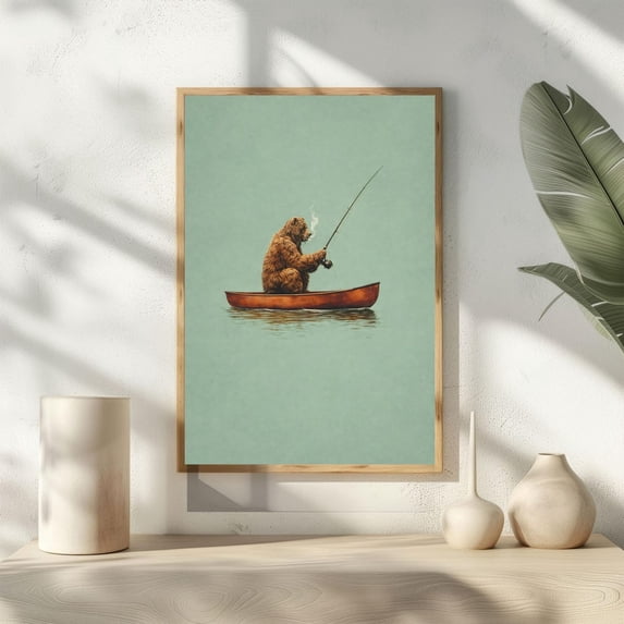 Bear Fishing Grizzly Canoe Bear Smoking Pipe Art Sage Green, Unframed ...