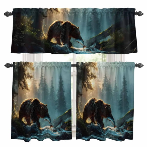 Bear Fishing Kitchen Curtains Set for Windows, Forest Stream Animals ...