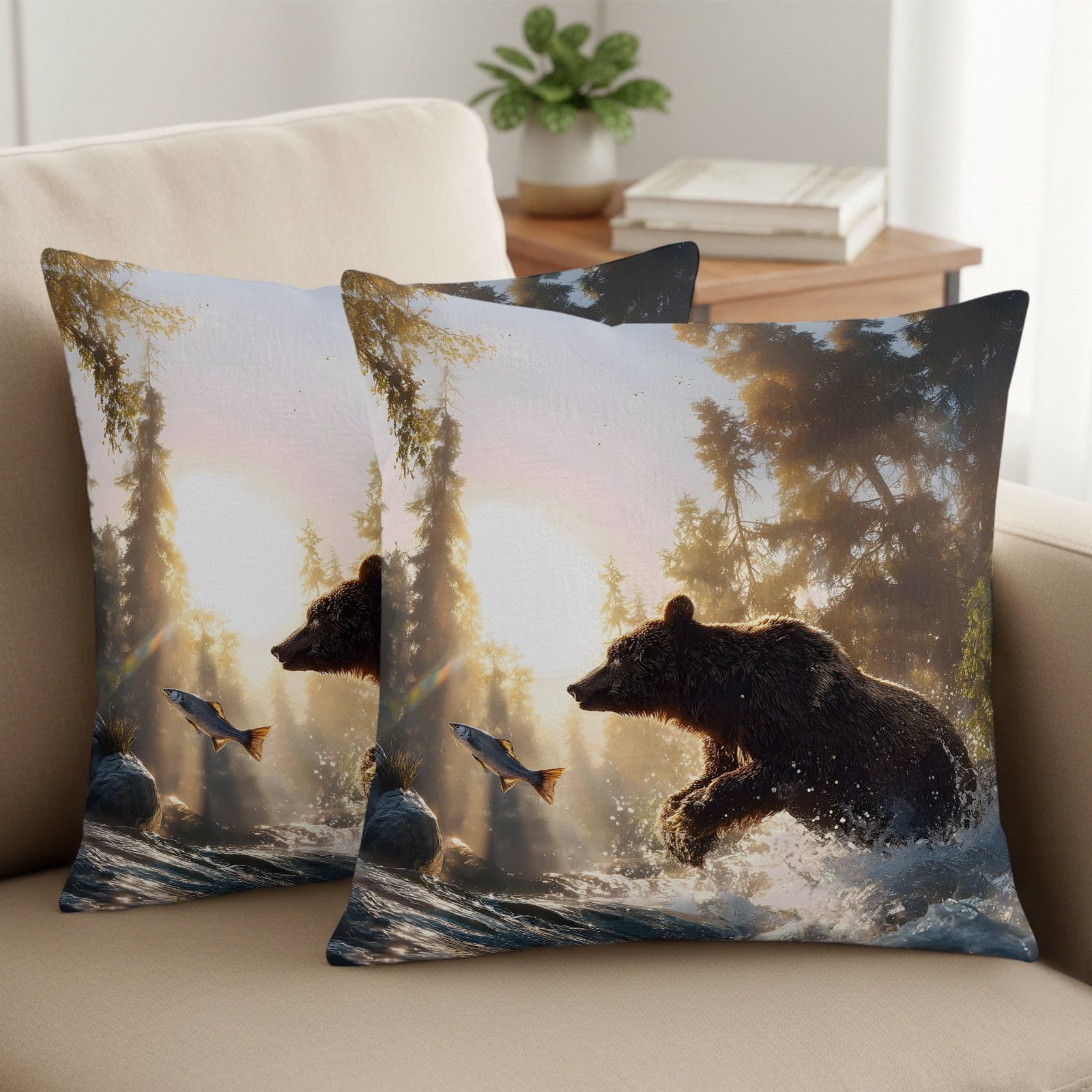 Bear Fishing Pillow Covers Set of 2, Forest Stream Animals Sunset 18x18 ...