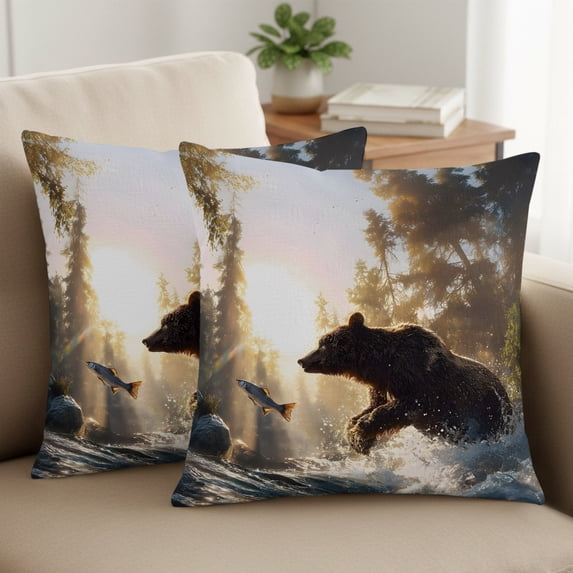 Bear Fishing Pillow Covers Set of 2, Forest Stream Animals Sunset 18x18 ...