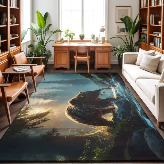 Bear Fishing Washable Area Rug 4 x 6 ft Forest Stream Animals Soft Non ...