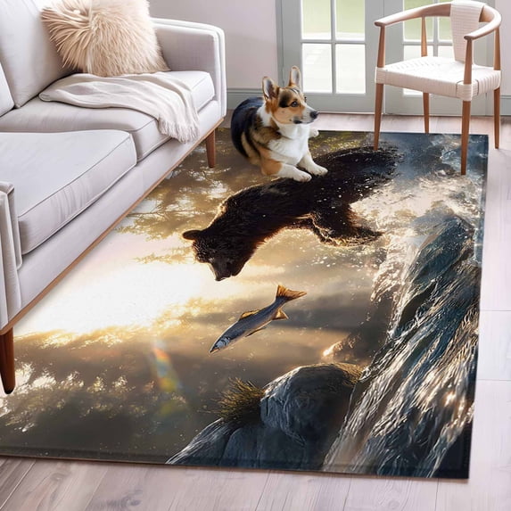 Bear Fishing Washable Area Rug 4x6 Forest Stream Animals Sunset Low ...