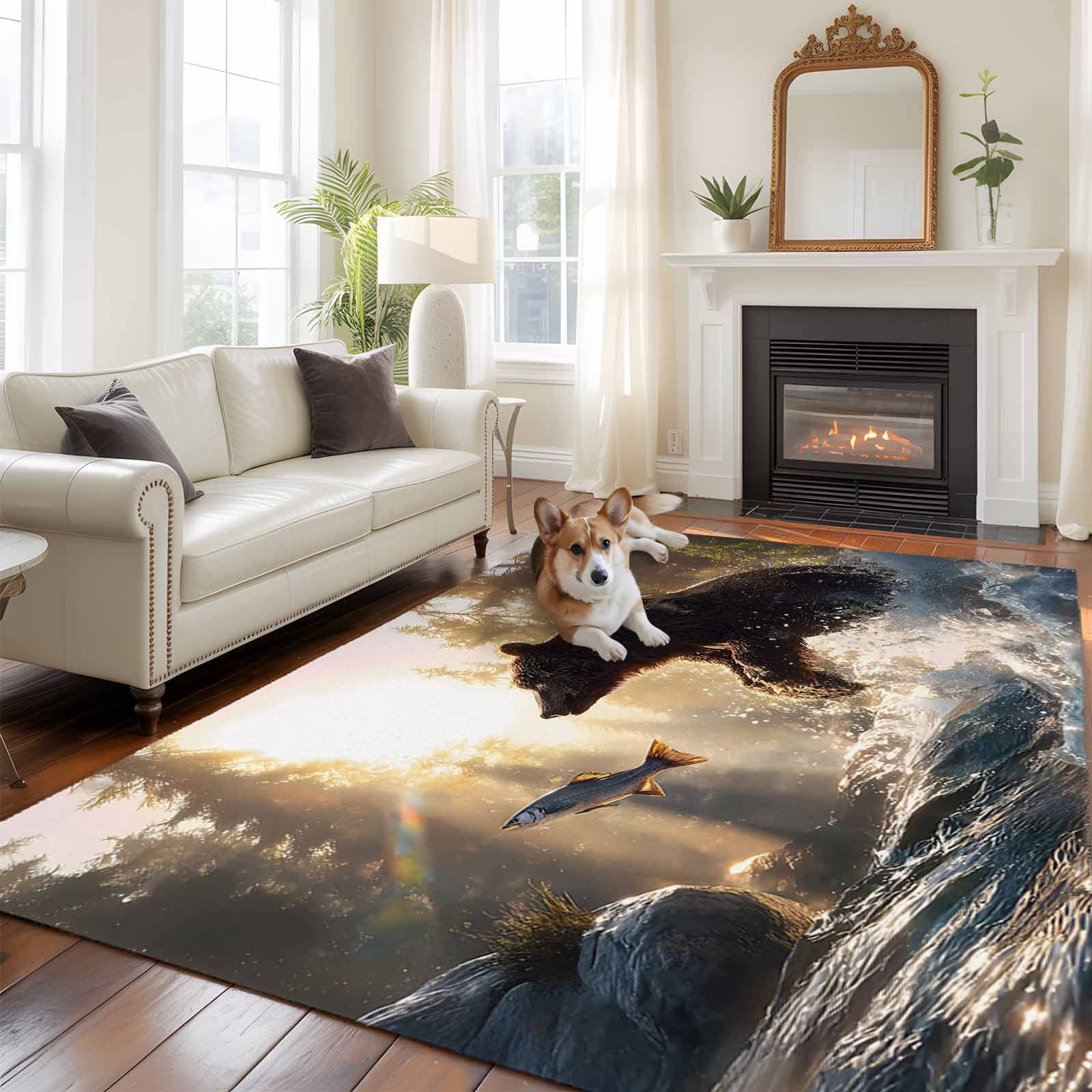 Bear Fishing Washable Area Rug 8x10 Forest Stream Animals Sunset Low ...