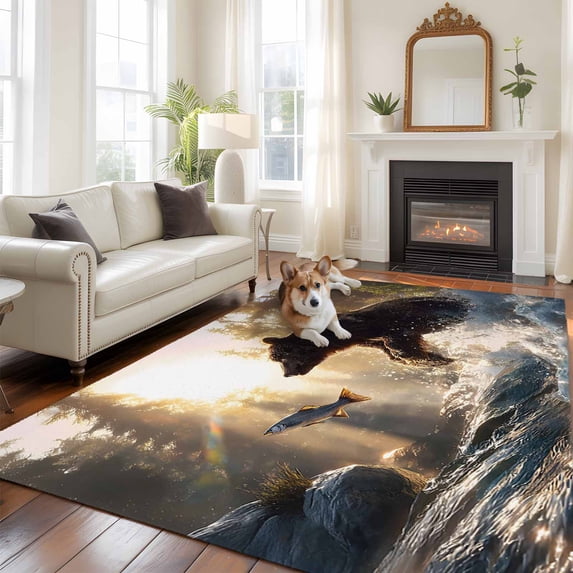Bear Fishing Washable Area Rug 8x10 Forest Stream Animals Sunset Low ...
