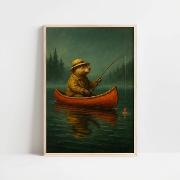 Bear Fishing Whimsical Canoe Art Cabin Decor Art Print Unframed Paper ...