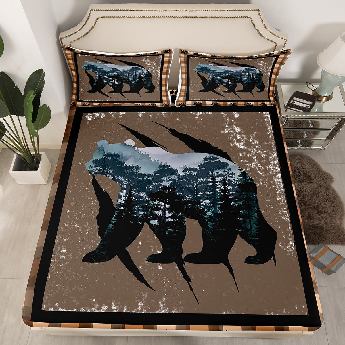 Bear Fitted Sheet Full Size Rustic Bear Paw Print Bed Sheets Western Woodland Animal Bed Set ...