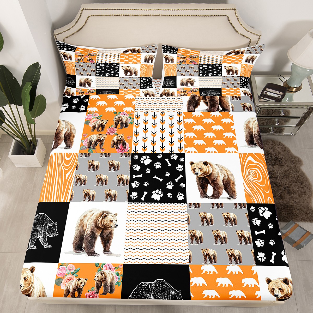 Bear Fitted Sheet Woodland Animals Sheets,Jungle Wildlife Paw Print Bed ...