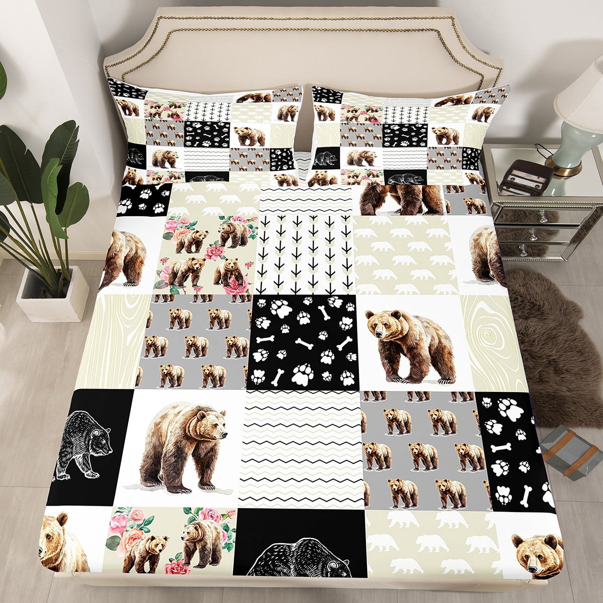 Bear Fitted Sheet Woodland Animals Sheets,Jungle Wildlife Paw Print Bed ...