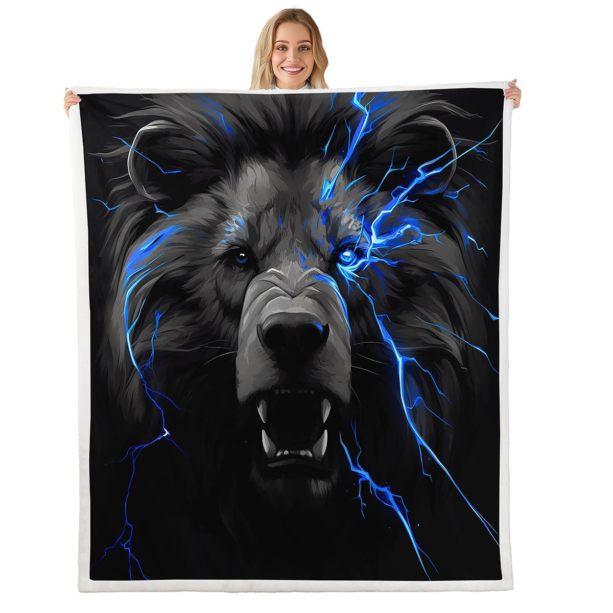 Bear Fleece Bed Blanket Queen 90"X90" Black Blue Lightning Bear Throw ...