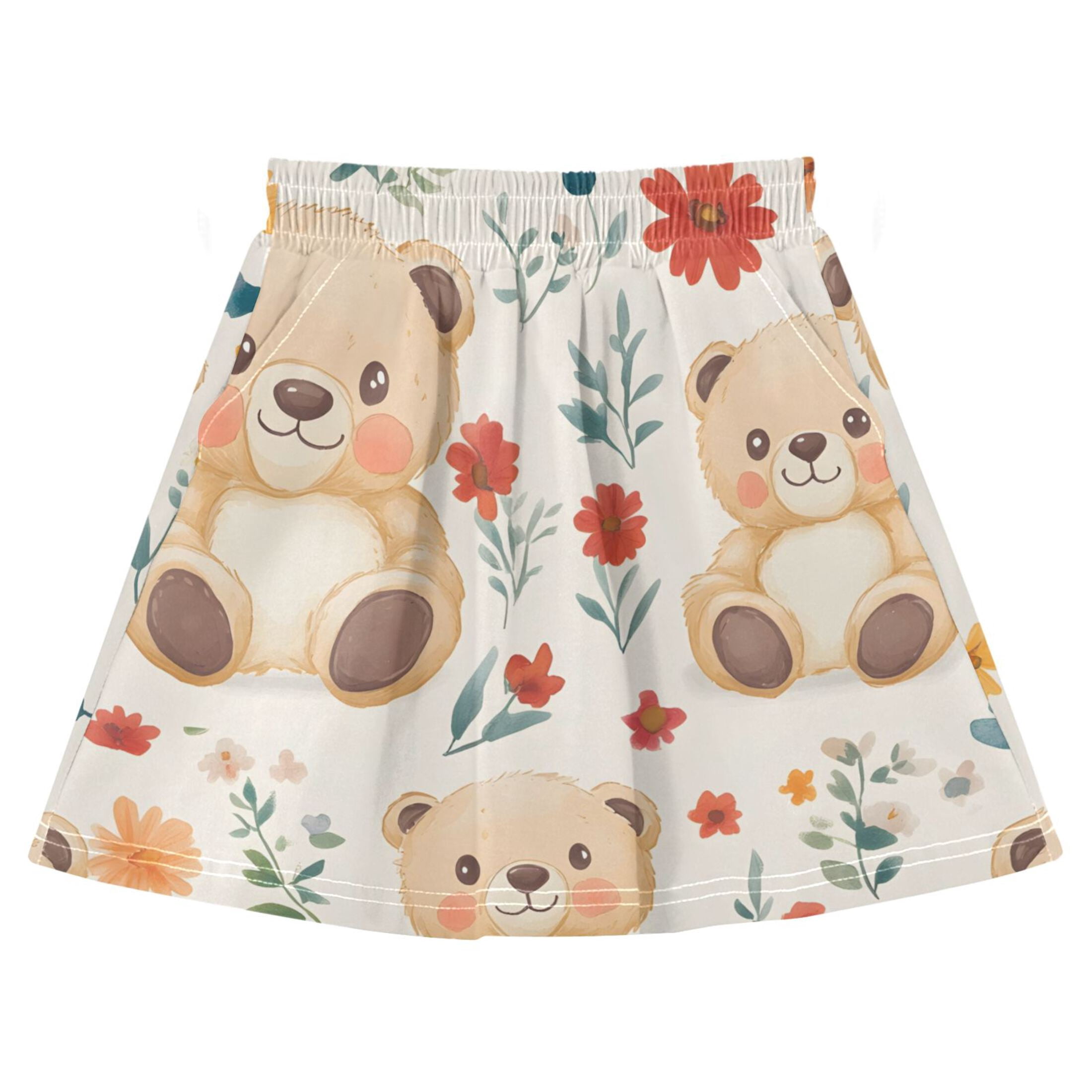 Bear Flower Pattern Cotton Skirt Built-in Liner Elastic A-Line Flared ...