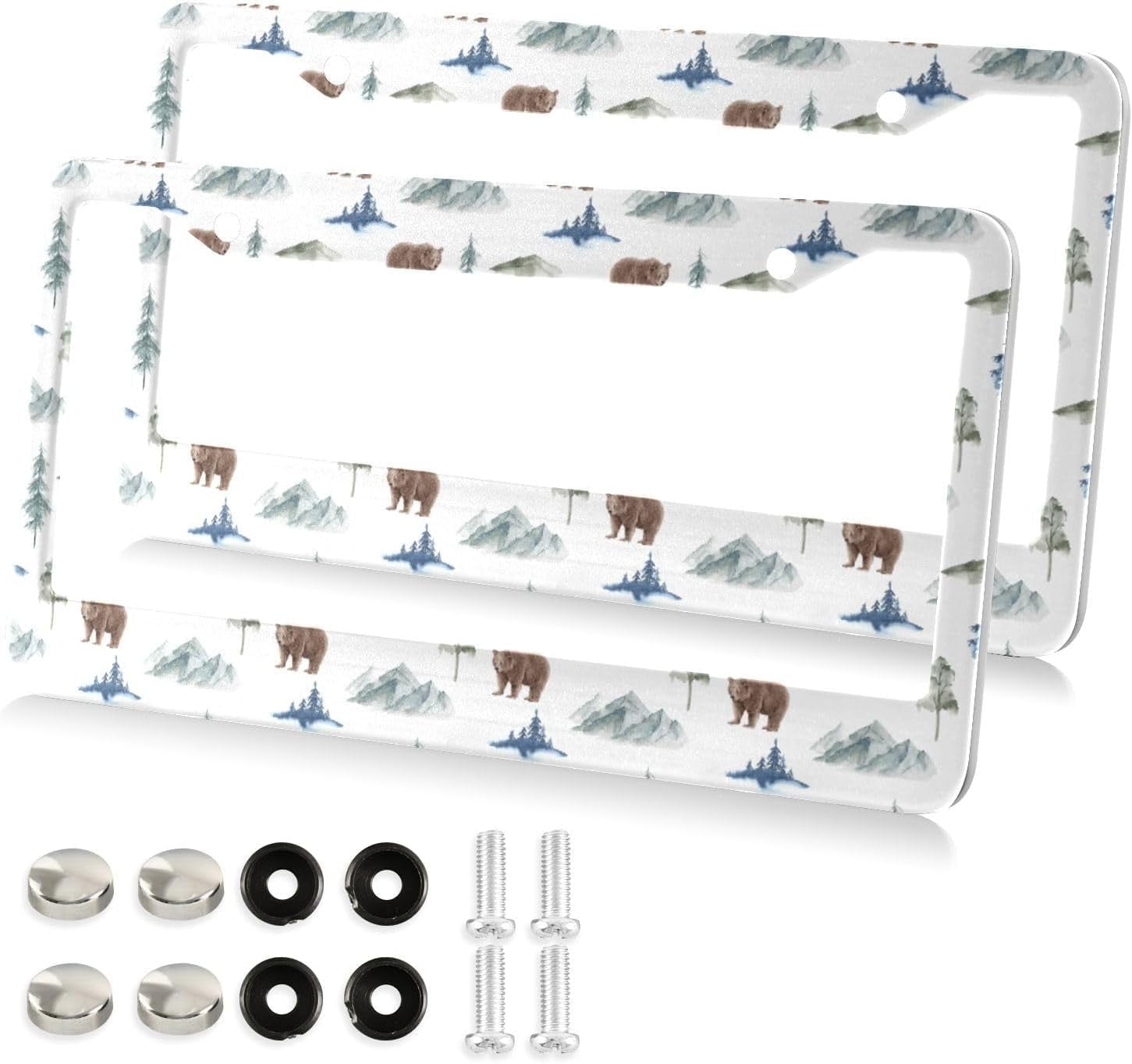 Bear on Forest License Plate Frame - 2 Pack Universal Stainless Steel ...