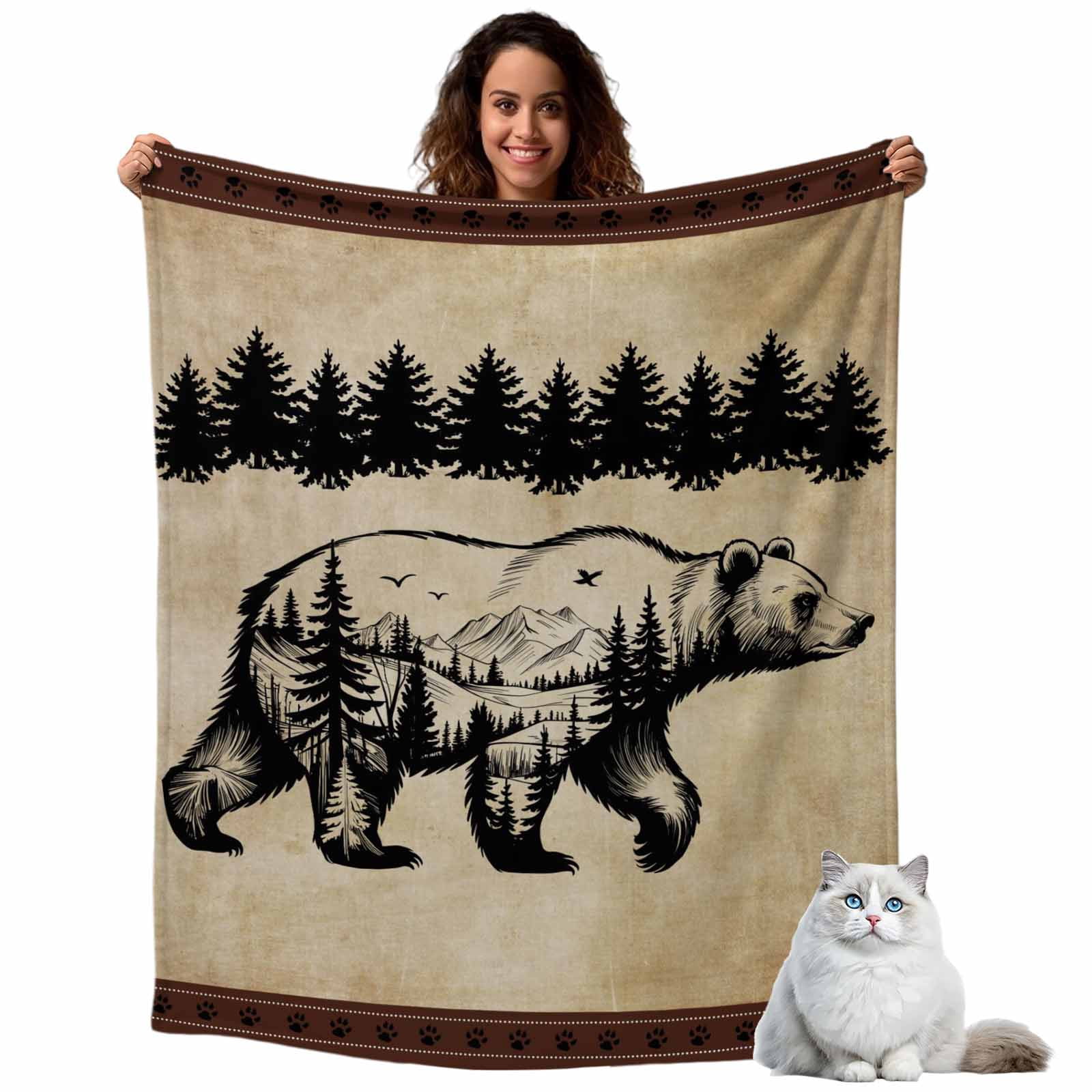 Bear Forest Mountains Animal Silhouette Throw Blanket Flannel Fleece ...