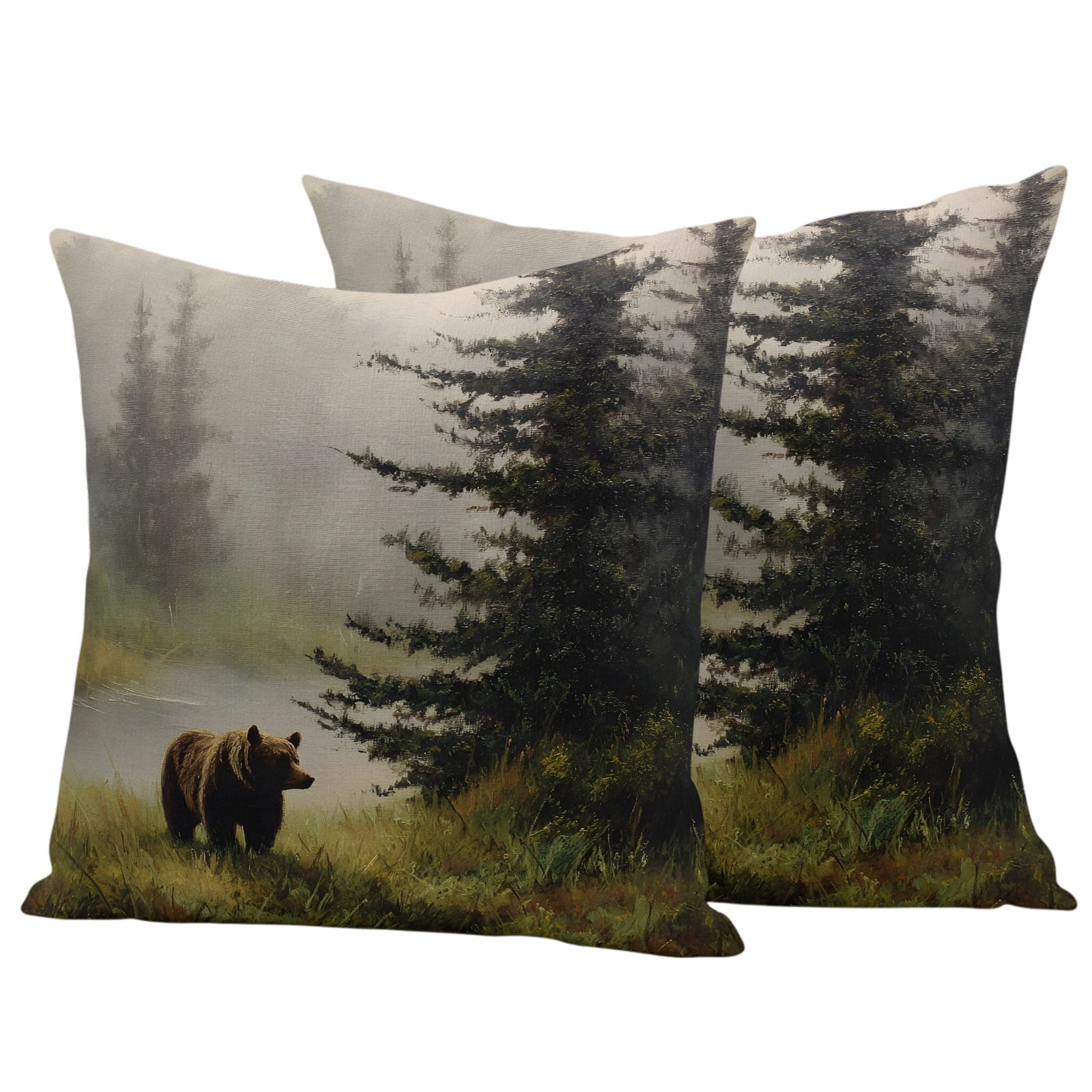 Bear Forest Outdoor Waterproof Pillow Covers, Foggy Pine Trees Grey ...