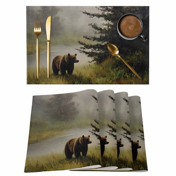 Bear Forest Placemats Set of 4 Foggy Pine Trees Grey Wildlife Place ...