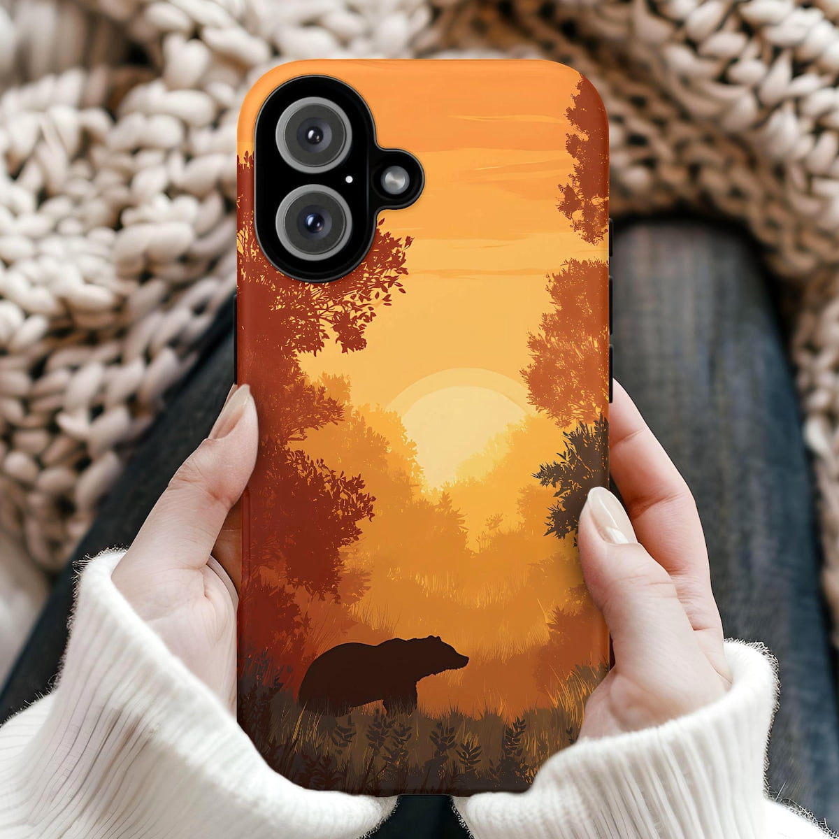 Bear Forest Sunset Nature Landscape Phone Case iPhone 17 to 11 Pro Max ...