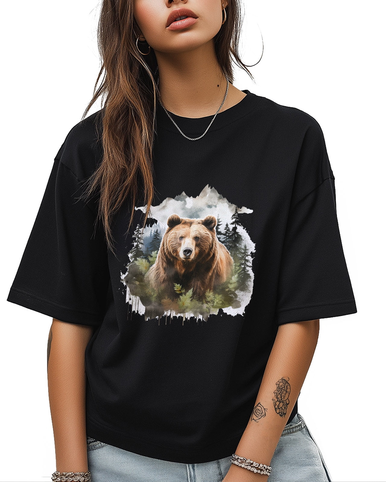 Bear Forest T Shirts for Women Short Sleeve Cotton Crewneck T-Shirt ...