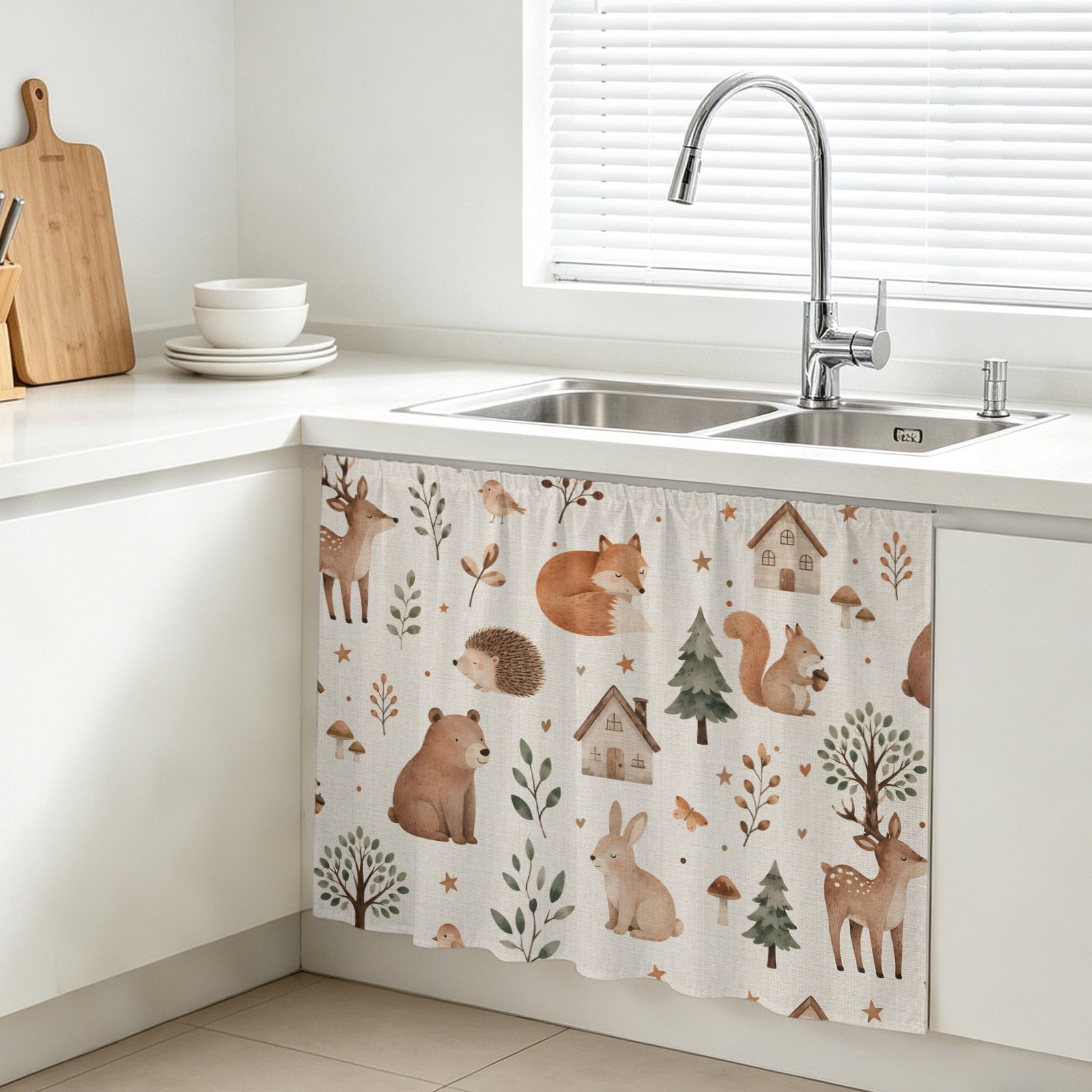 Bear Fox Hedgehog Cabinet Curtain, Rustic Cartoon Brown Green Wildlife ...