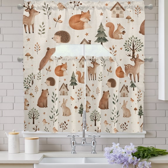 Bear Fox Hedgehog Swag Valance and Tier Set of 3, Rustic Cartoon Brown ...