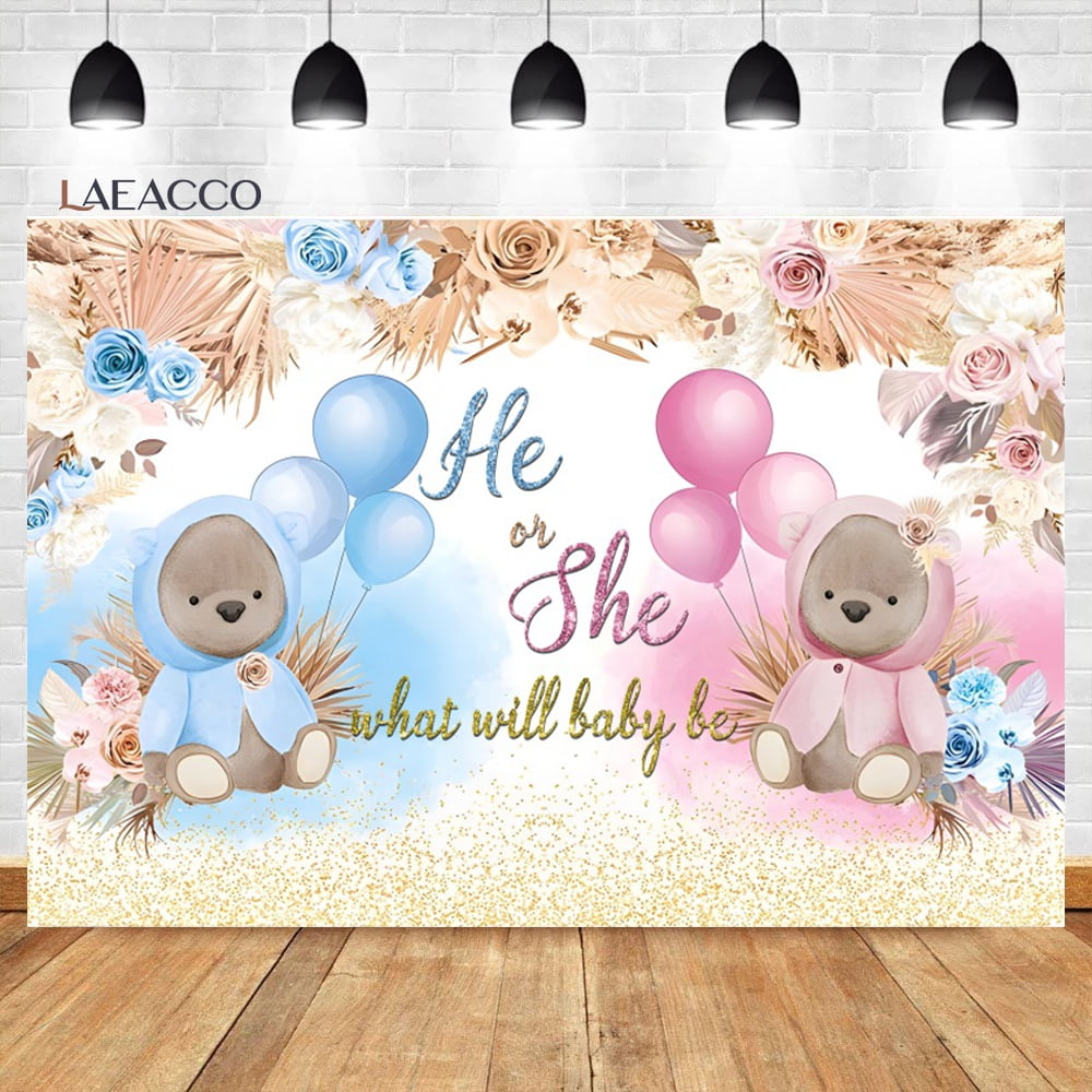 Bear Gender Reveal Backdrop Boy or Girl Pink Blue Balloon Floral Rose ...