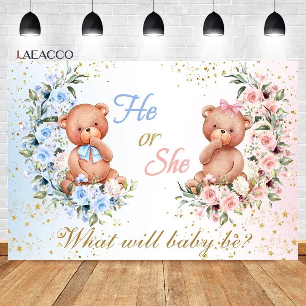 Bear Gender Reveal Backdrop Boy or Girl Pink Blue Balloon Floral Rose ...