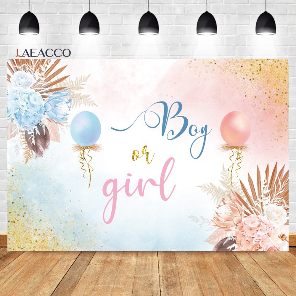 Bear Gender Reveal Backdrop Boy or Girl Pink Blue Balloon Floral Rose ...