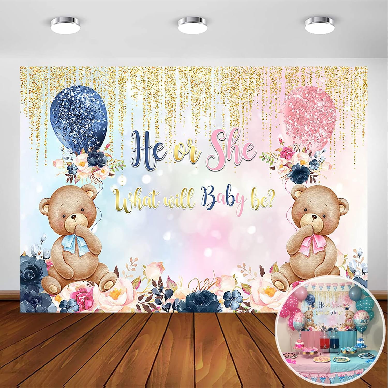 Bear Gender Reveal Backdrop He or She Navy and Blush Floral Gender ...