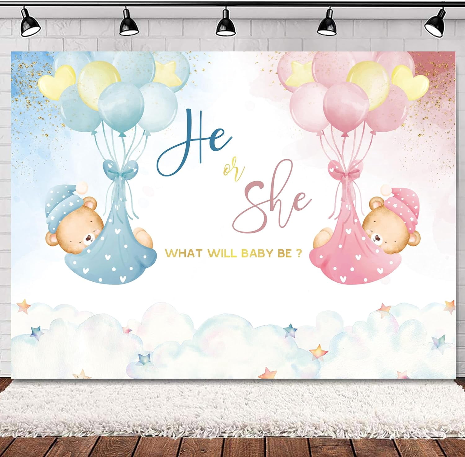 Bear Gender Reveal Backdrop He or She What Will Baby Be Blue Pink Baby ...